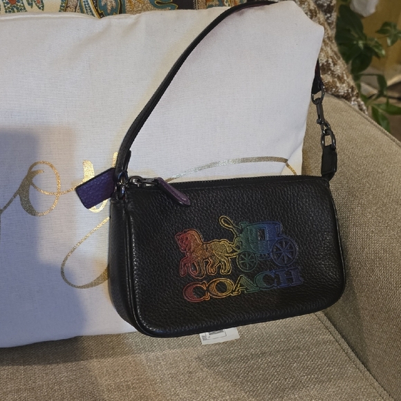 Coach | Bags | Coach Black Leather Shoulder Bag With Rainbow Logo ...